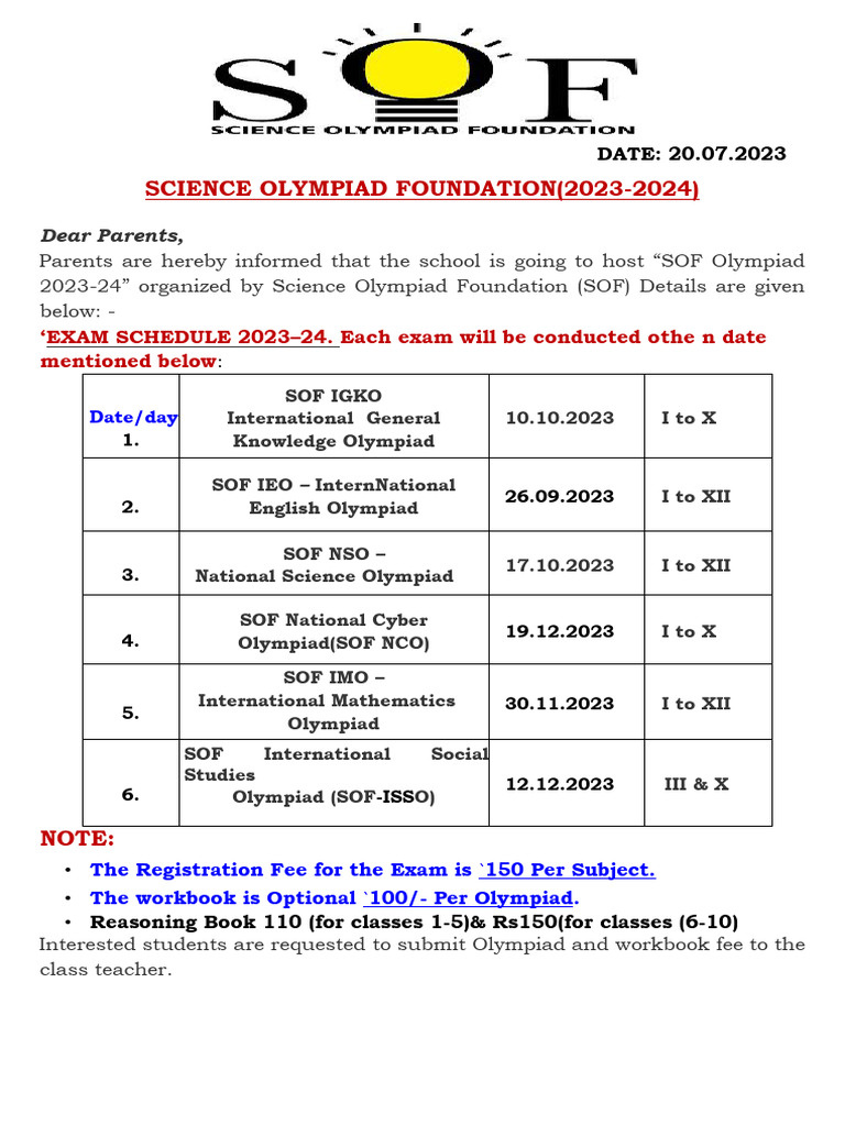 Sof Olympiad Foundation Exam Schedule Iii To Xii 202324 | PDF