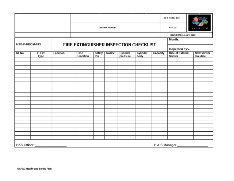 HSE-F-NEOM-015 - Fire Extinguishers Inspection Checklist | PDF