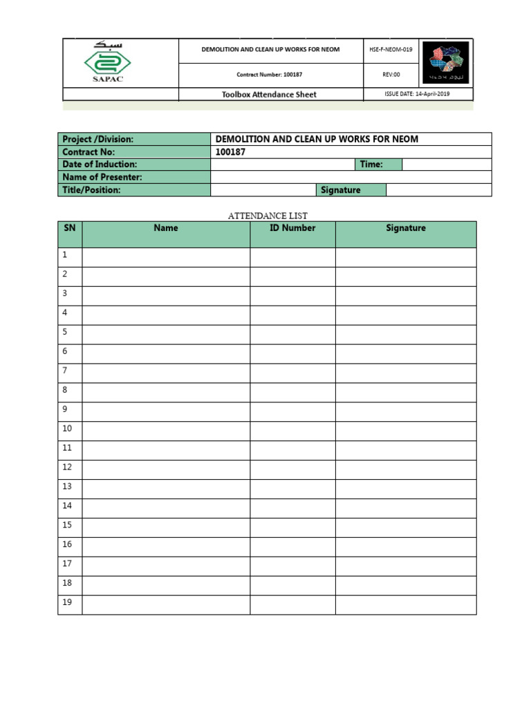HSE-F-NEOM-019 - OSH Tool Box Attendance Record Form | PDF | Law