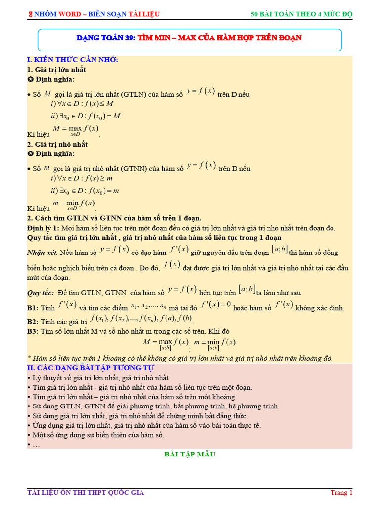 NW359 360 D NG 39 Tìm Min Max C A Hàm H P Trên Đo N | PDF