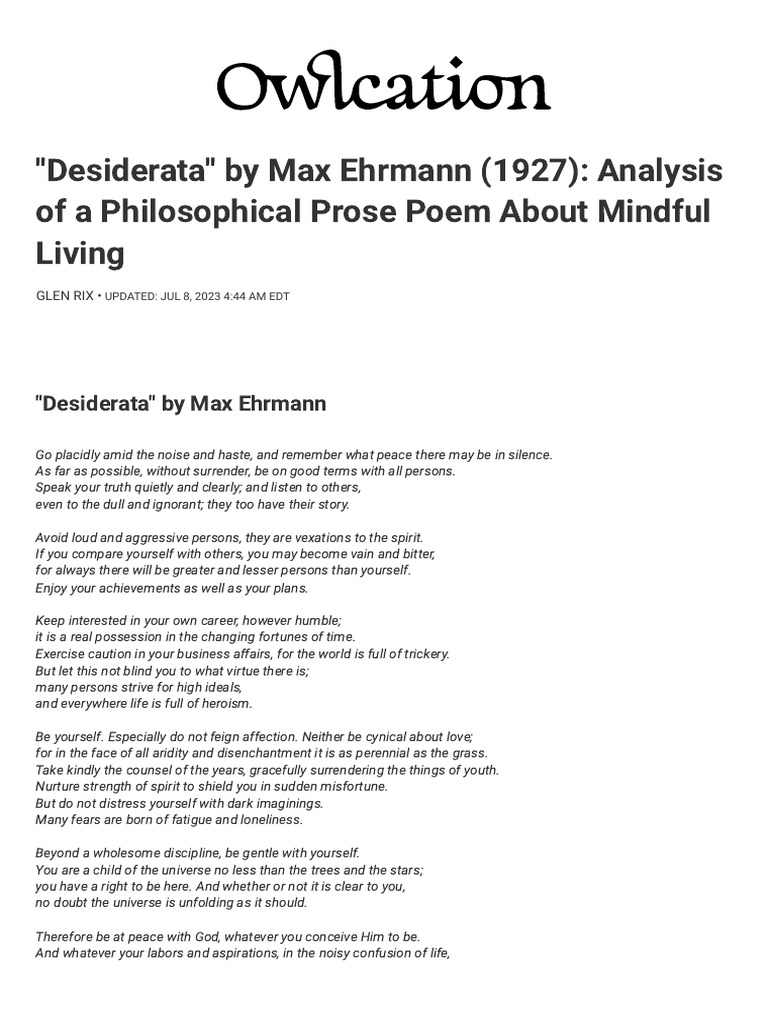 Desiderata - by Max Ehrmann (1927) - Analysis of A Philosophical Prose ...