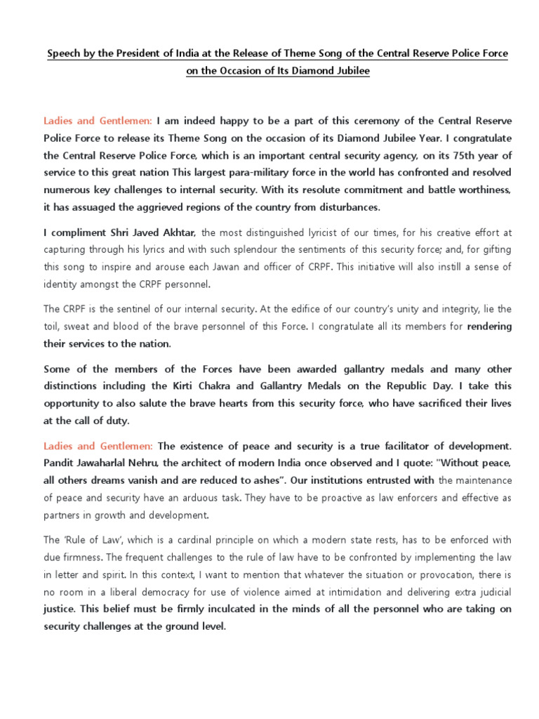 Speech by The President of India at The Release of Theme Song of | PDF