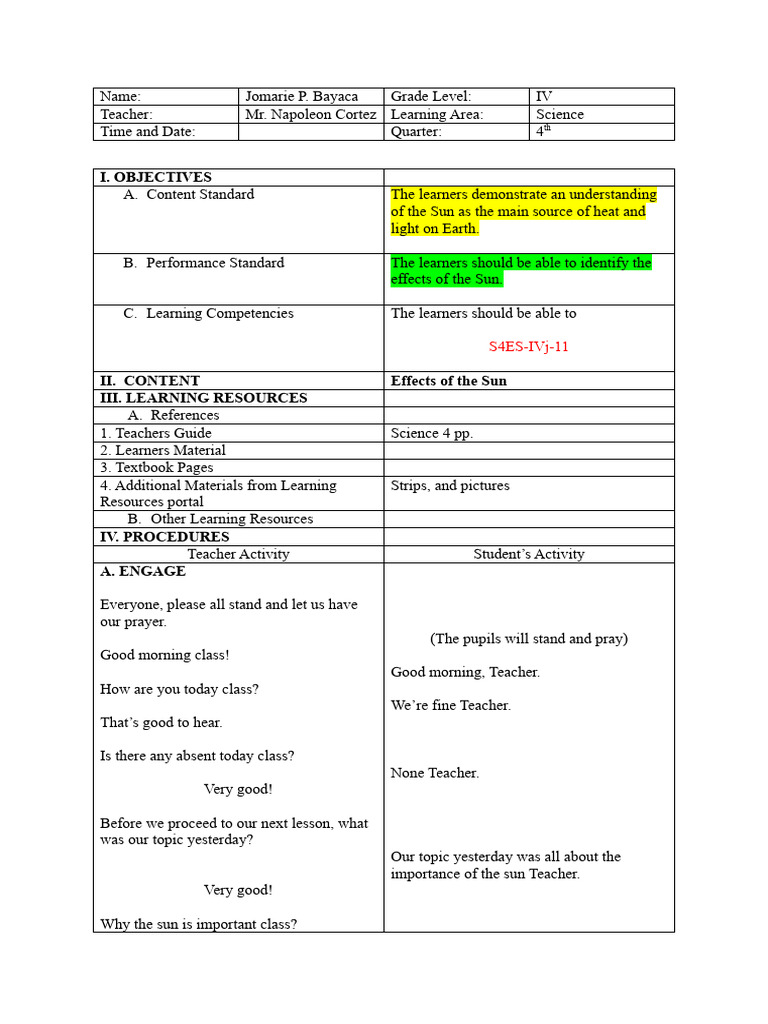 LESSON PLAN 5e's | Download Free PDF | Ultraviolet | Sun