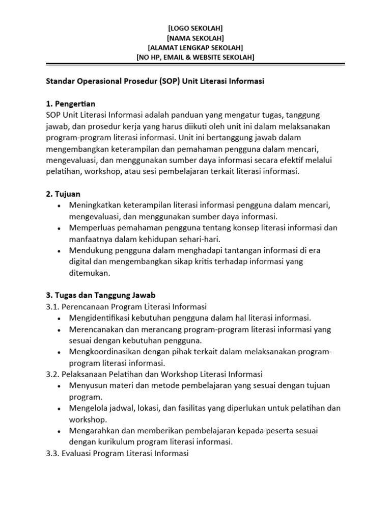 Standar Operasional Prosedur (SOP) Unit Literasi Informasi | PDF