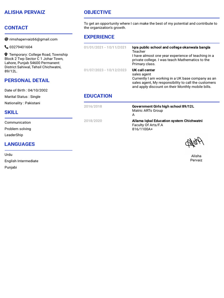 Alisha Pervaiz Resume: Teacher & Sales Agent | PDF