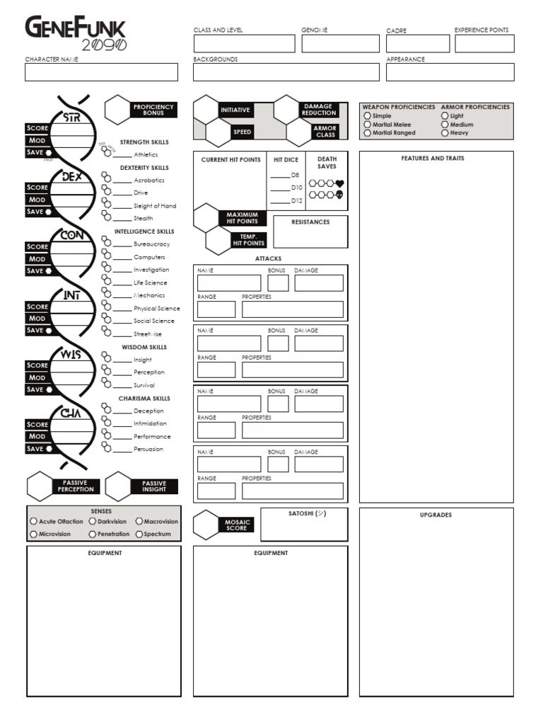 GeneFunk 2090 Character Sheet (Fillable Large Fields) | PDF