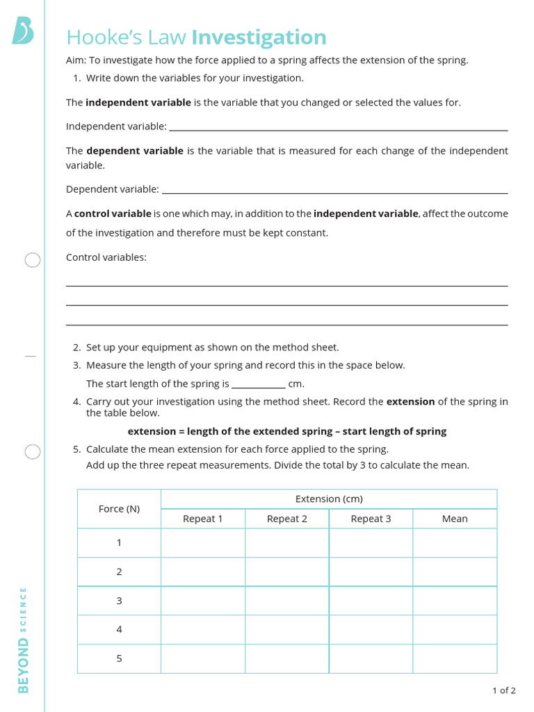 Hooke's Law Investigation Worksheet LA | PDF | Teaching Methods & Materials
