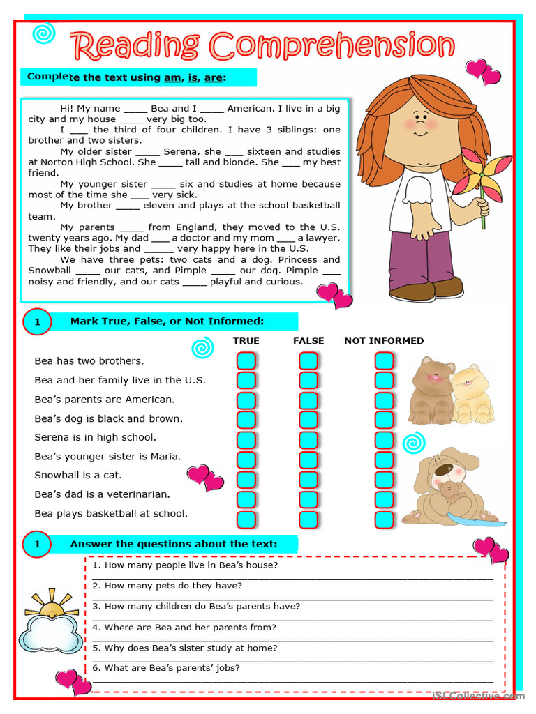 Reading Comprehension (Is, Are, Am) - All About Me | PDF