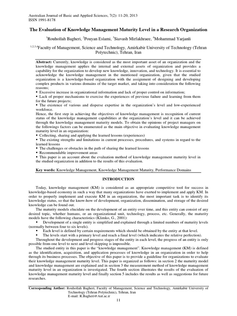 The Evaluation of Knowledge Management Maturity Level in A Research ...