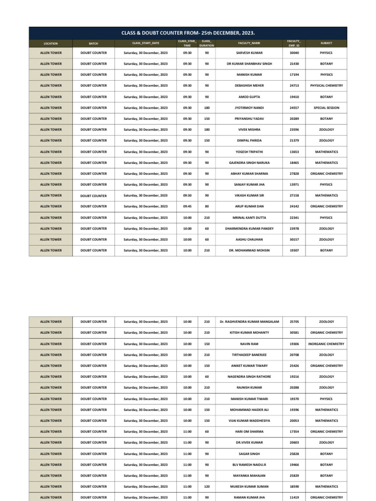 Allen Tower Doubt Counter Schedule | PDF