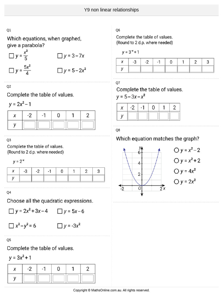 Y9-Non-Linear-Relationships Questions | PDF