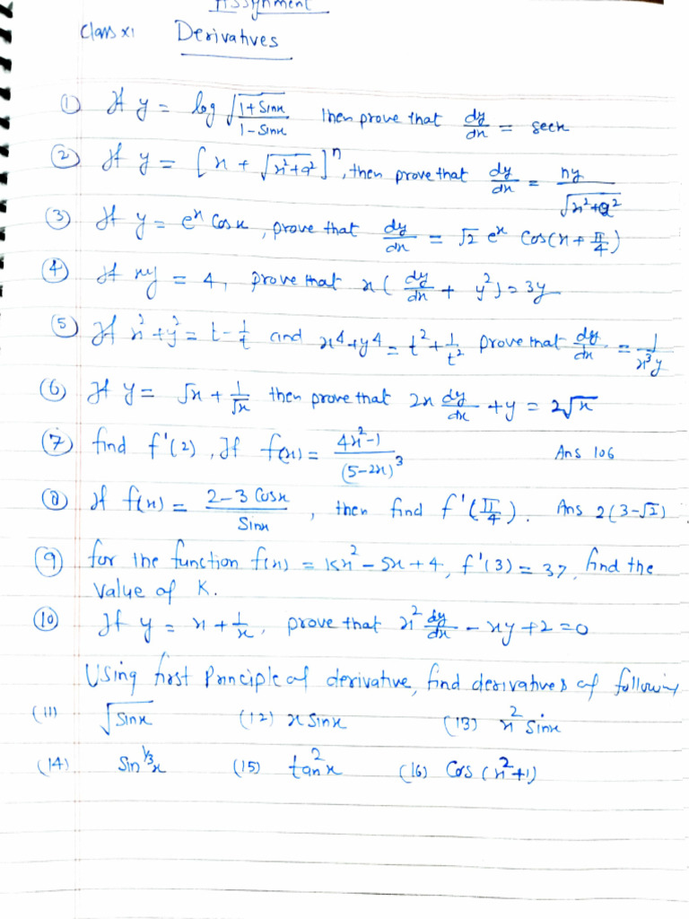 Class 11 Assignment of Derivatives | PDF
