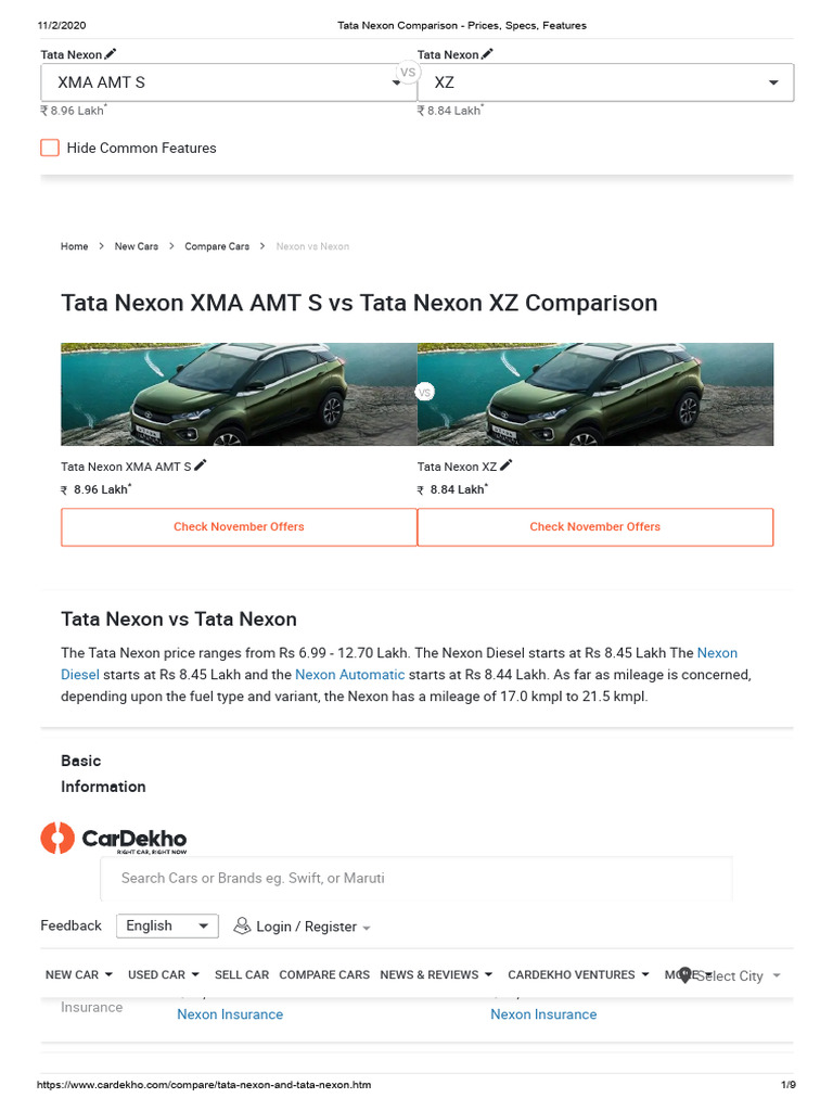 Tata Nexon Comparison - Prices, Specs, Features | PDF | Touchscreen | Car Body Styles