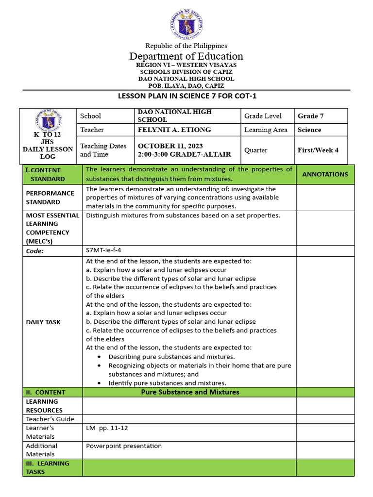 Cot For Q1 Pure Substance and Mixtures | PDF | Mixture | Chemical Substances
