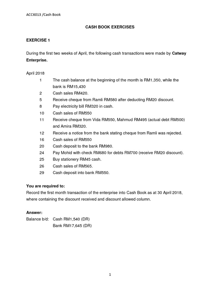 Cash Book Exercises | PDF