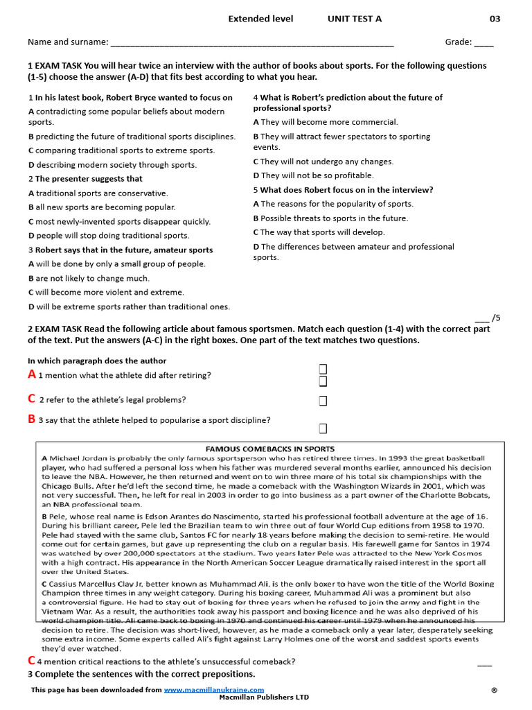 Вельган Олександра - Unit Test 3A Extended | PDF | Sports