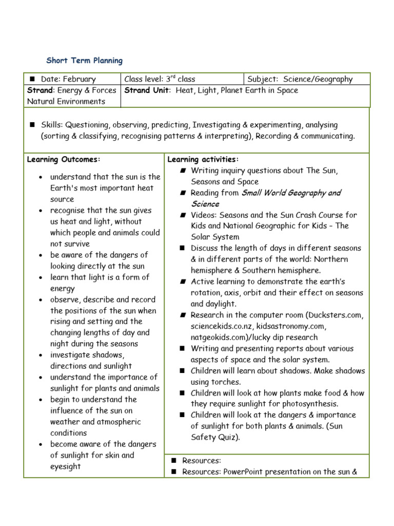 Science The Sun Lesson Plan | PDF | Sun | Earth