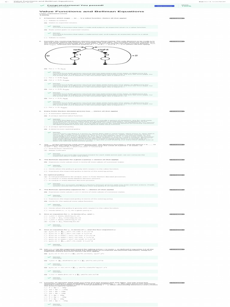 Quiz - Value Functions and Bellman Equations | PDF