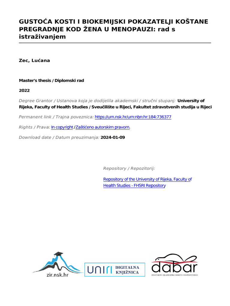 Gustoca Kosti I Biokemijski Pokazatelji Kostane Pregradnje Kod Zena U ...