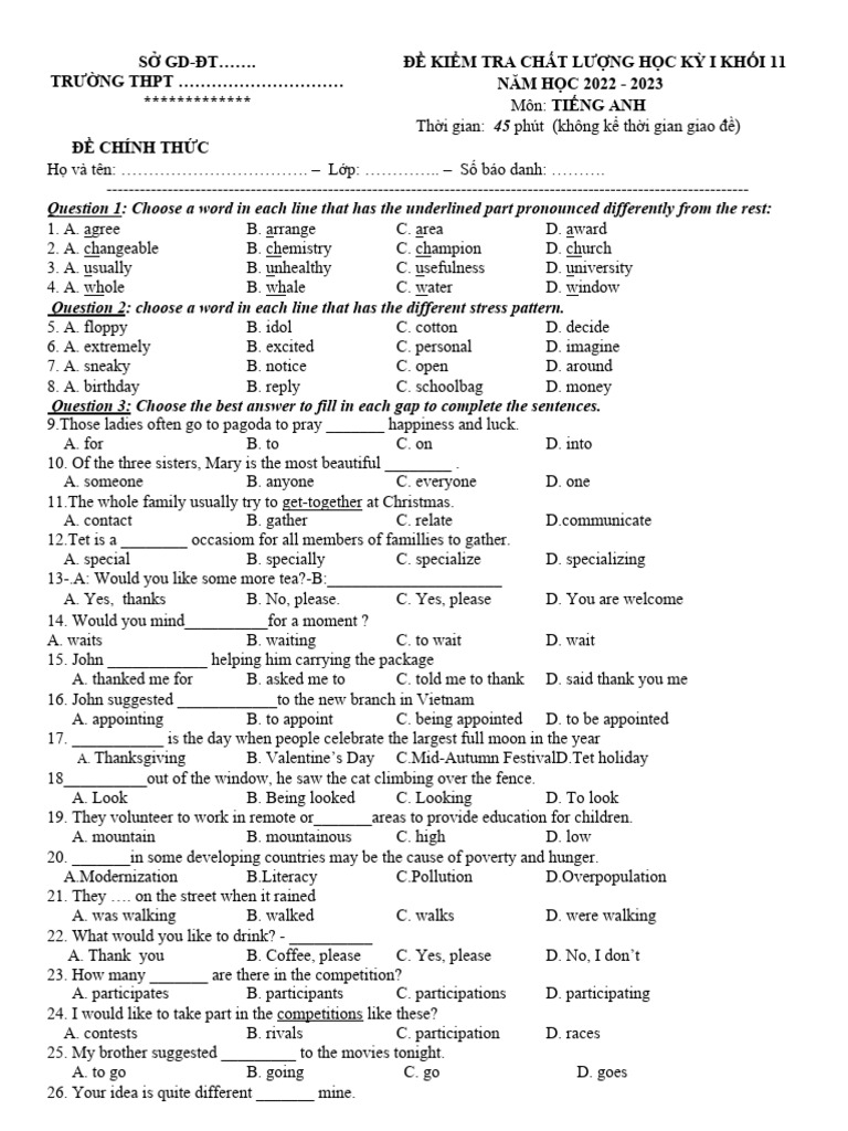 De Thi hk1 Tieng Anh 11 de 1 | PDF