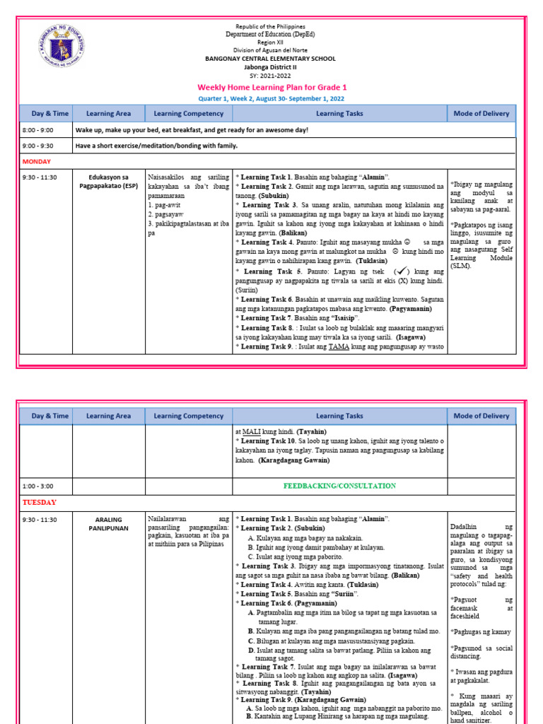 Weekly Home Learning Plan For Grade 1: Bangonay Central Elementary ...