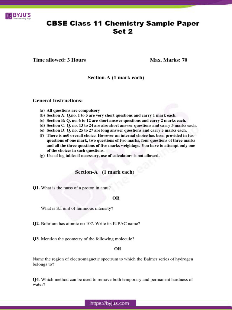 CBSE Class 11 Chemistry Sample Paper Set 2 | PDF | Chemical Bond | Molecules