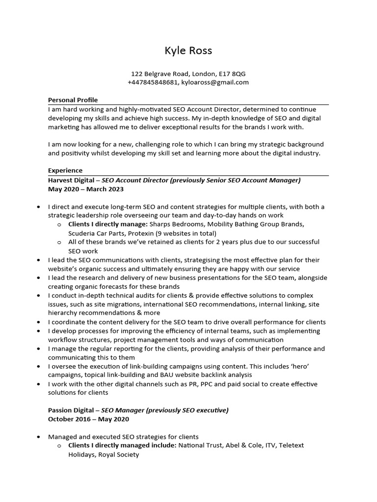 Kyle Ross CV 2023 - July | PDF | Search Engine Optimization | Business