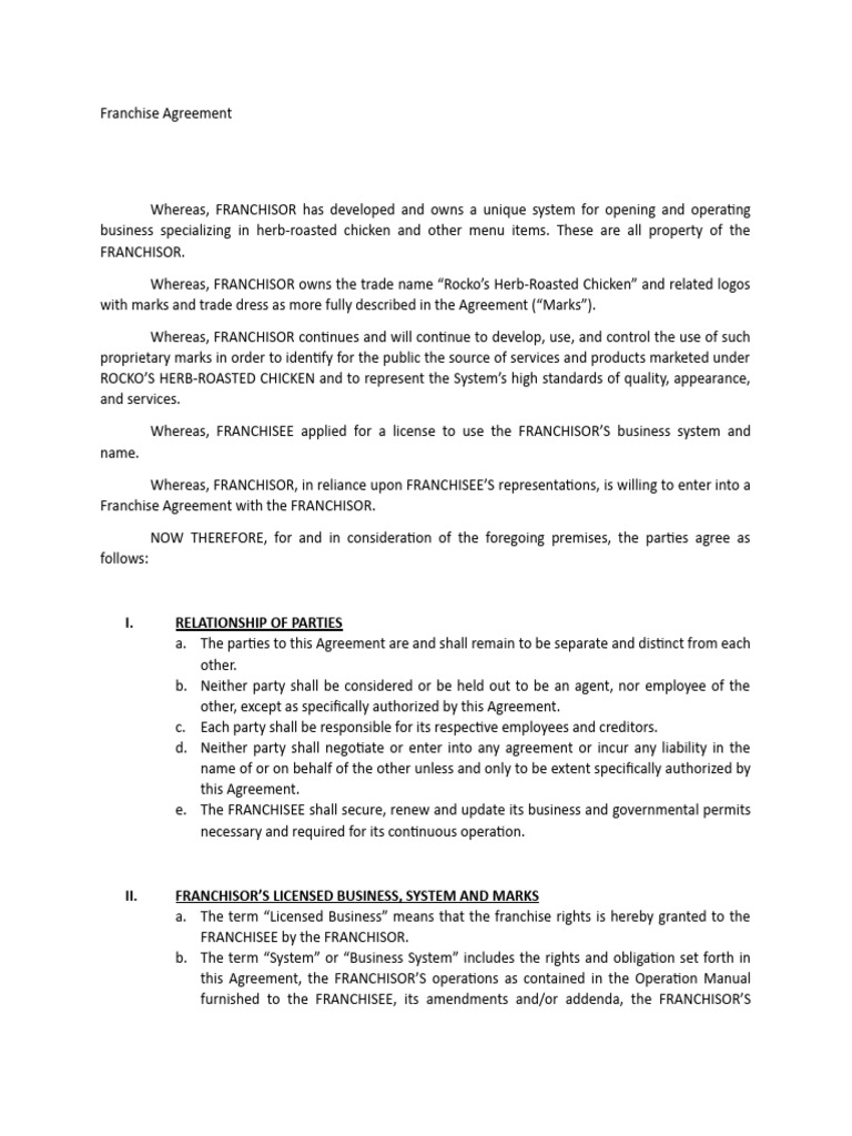 Draft Contract For Franchise Agreement | PDF