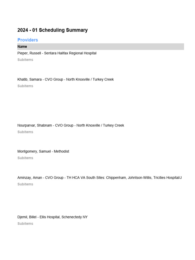January 2024 Provider Schedule Summary | PDF | Hospital | Public Services