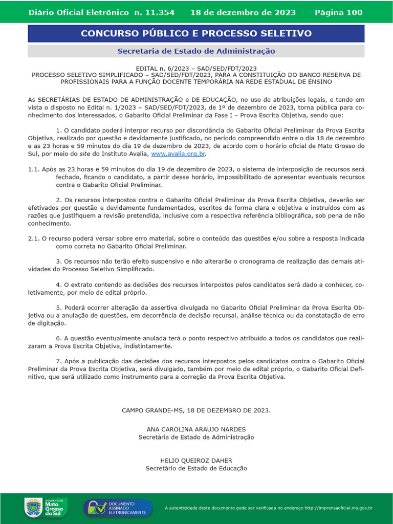 Gabarito Oficial Do Seletivo Professores | PDF