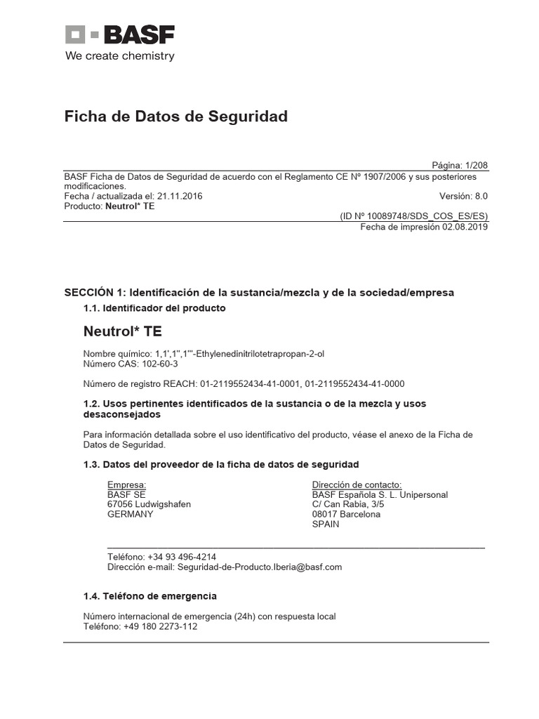 FDS Neutrol TE (Basf) Ficha Tecnica Msds | PDF | Toxicidad | Agua