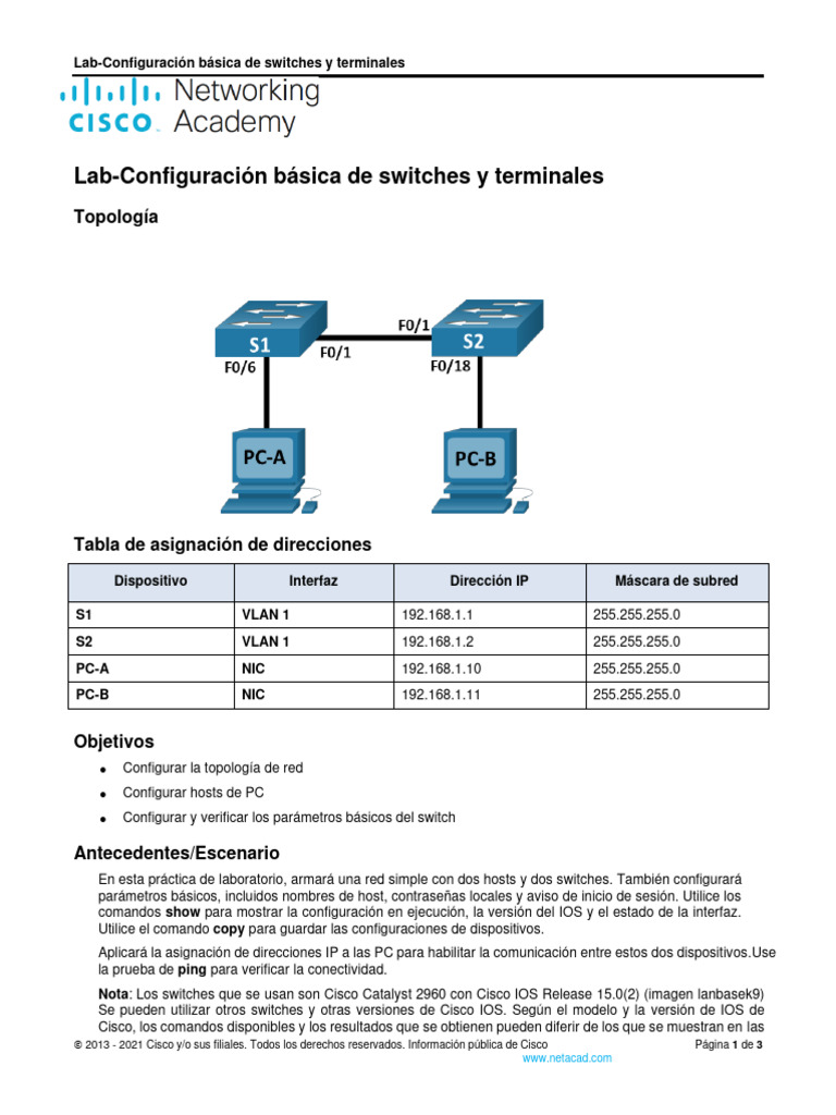 Lab - Basic Switch and End Device Configuration - Dic 13 - 2023-1 | Descargar gratis PDF ...