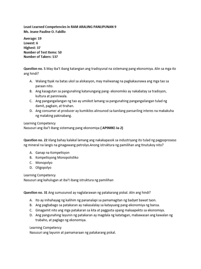 Least Learned Competencies in RAM ARALING PANLIPUNAN 9 | PDF Least Learned Competencies in RAM ARALING PANLIPUNAN 9 | PDF
