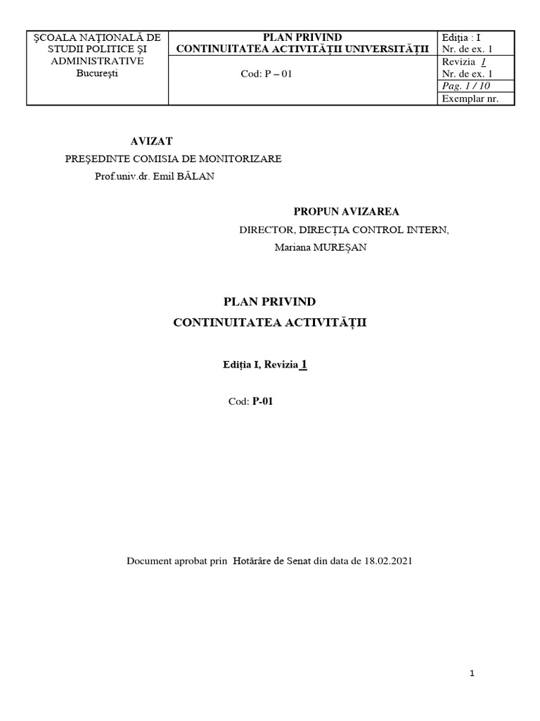 Editia-1-Revizia-1 Plan Continuitatea-Activitatii in SNSPA 2021 | PDF