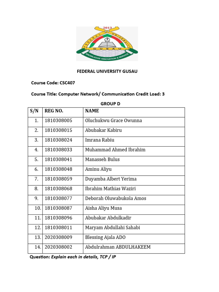 Federal University Gusau Course Code: CSC407 Course Title: Computer Network/ Communication ...