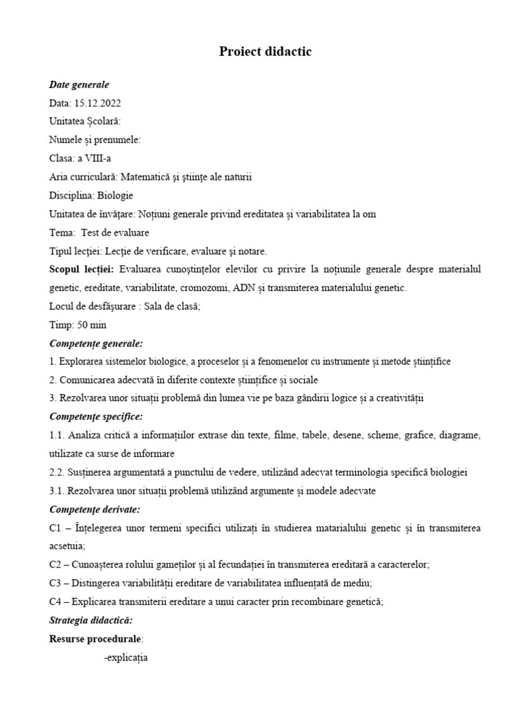 Proiect Didactic Clasa A VIII-a | PDF