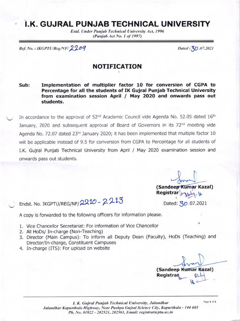 Gujral Punjab Technical University: 22oq Notification | PDF