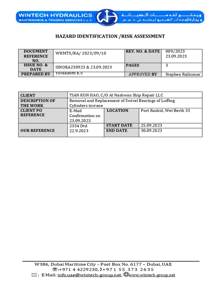 Risk Assessment - Method of Statement Hydraulic Cylinder Bearing ...