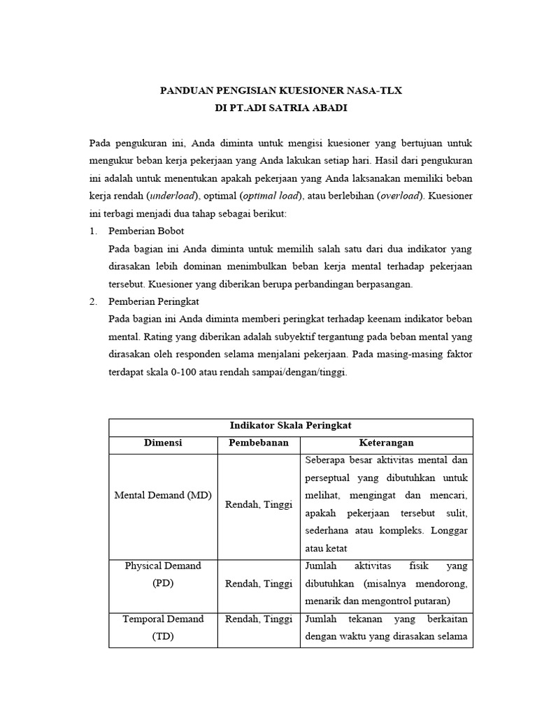 Kuesioner Nasa TLX | PDF