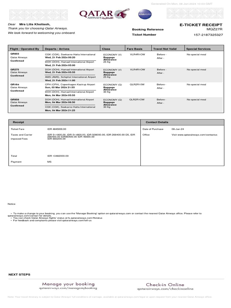 E - TICKET - QATAR - CGK-AMS - CPH - CGK - LILIS - KHOLISOH (21feb24) | PDF