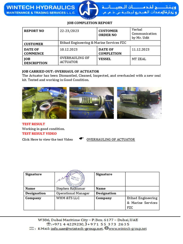 Actuator Overhaul Completion Report | PDF