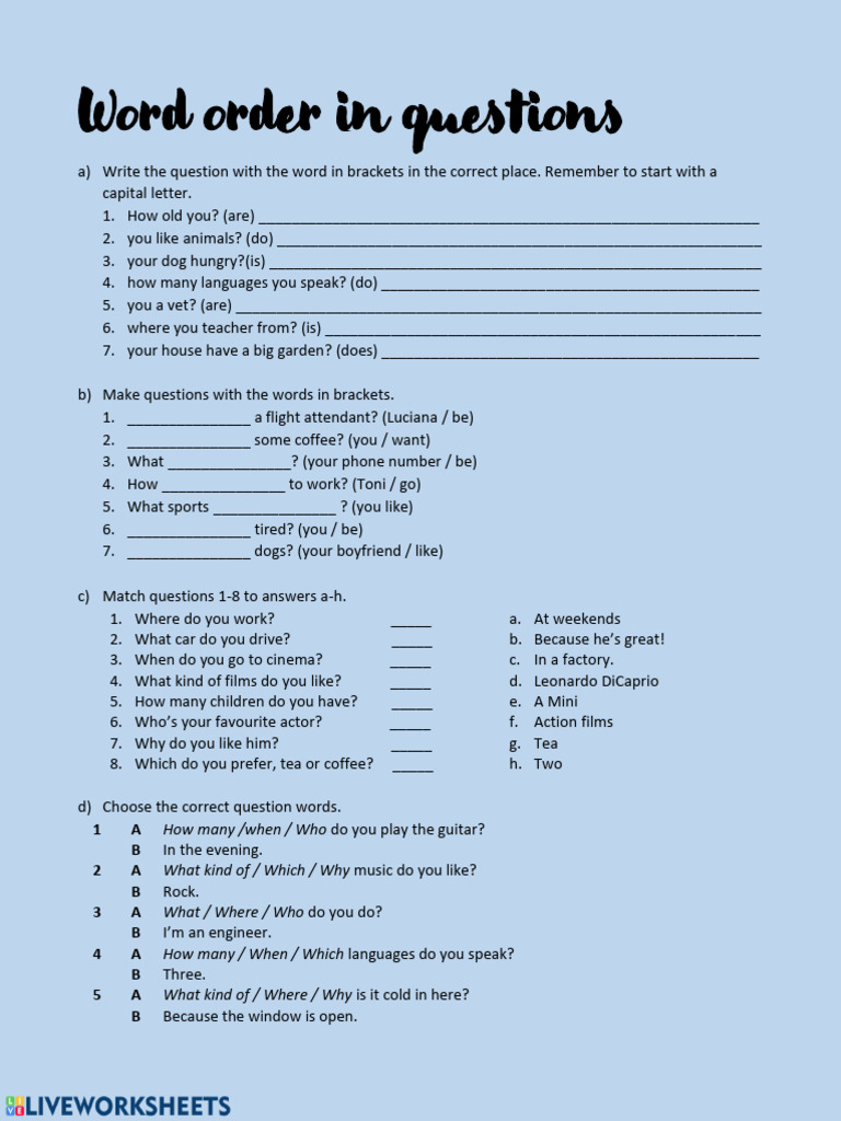 Word Order in Questions: 1 A B 2 A B 3 A B 4 A B 5 A B | PDF