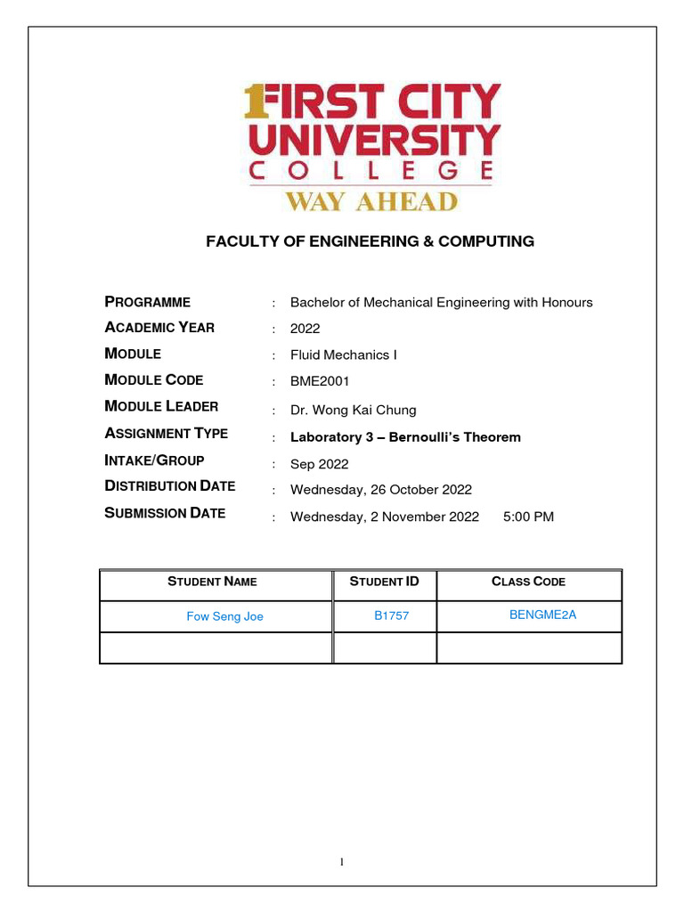 Fluid Mechanics Bernoulli Theorem Laboratory | PDF | Fluid Dynamics ... Fluid Mechanics Bernoulli Theorem Laboratory | PDF | Fluid Dynamics ...