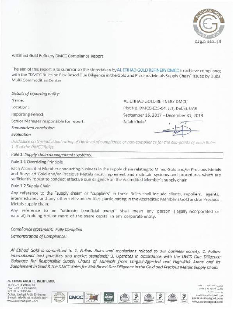 Al Etihad Gold Refinery DMCC Compliance Report 2019 | PDF