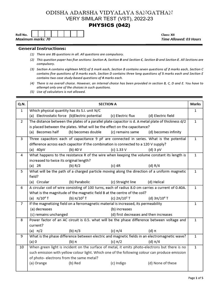 Xii QP Physics VST | PDF | Capacitor | Electronvolt