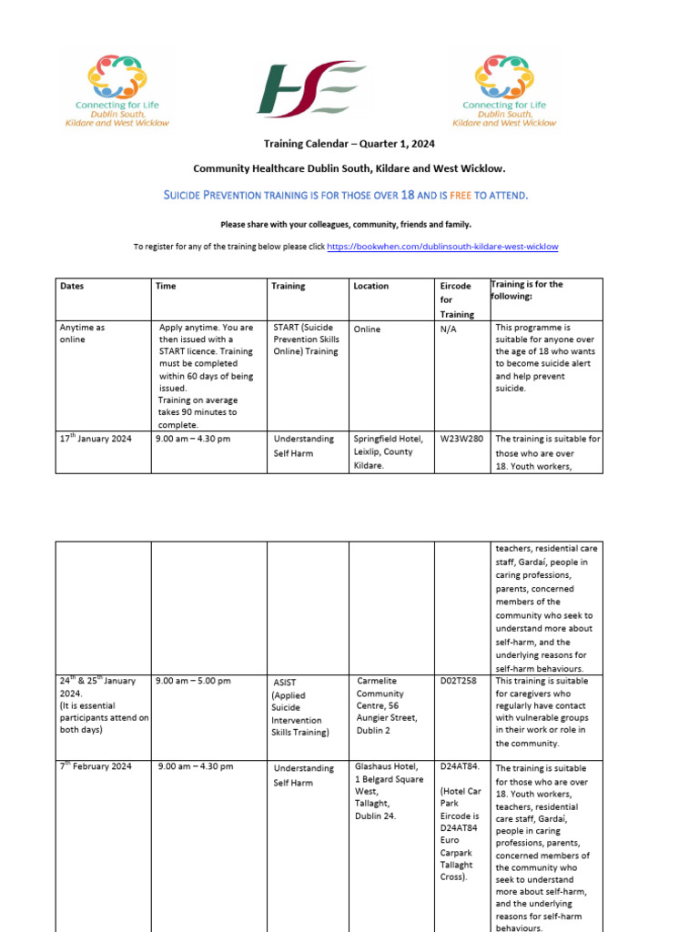 Training Q1 2024 Calendar -Community Healthcare Dublin South Kildare ...