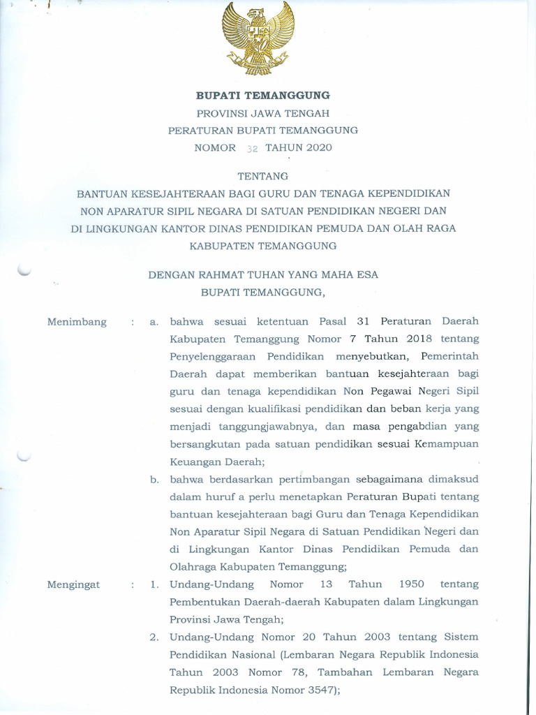 Perbup No 32 Tahun 2020 Tentang Bantuan Kesejahteraan BG Gurutenaga Kpendidikan Non Asn Di ...