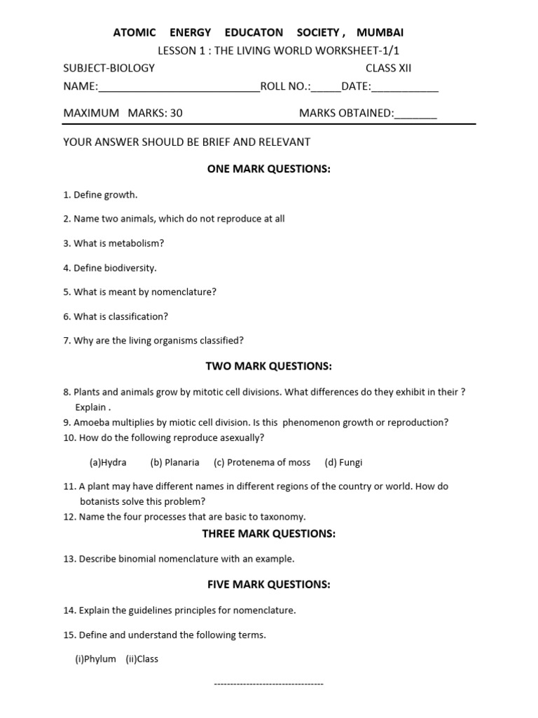 20200909-XI-Biology-The Living World-1 of 1-Worksheet | PDF | Science ...