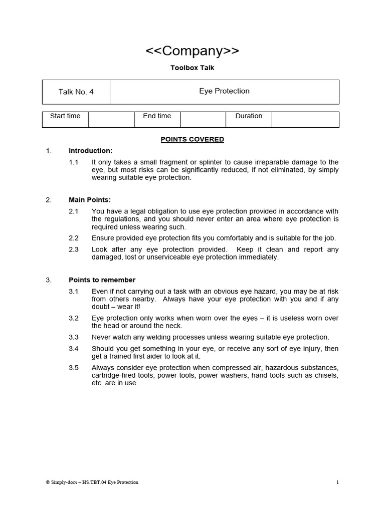 Toolbox Talk Eye Protection HS - TBT.04 | PDF | Workplace | Equipment