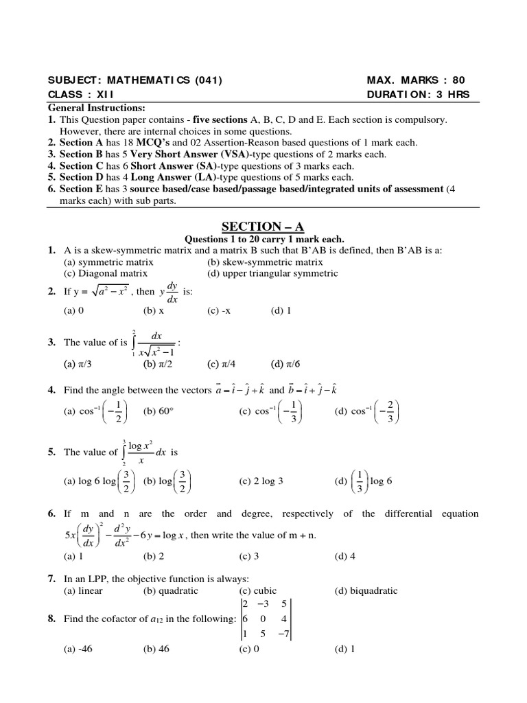 Maths Class Xii Sample Paper Test 6 For Board Exam 2024 | PDF | Matrix ...